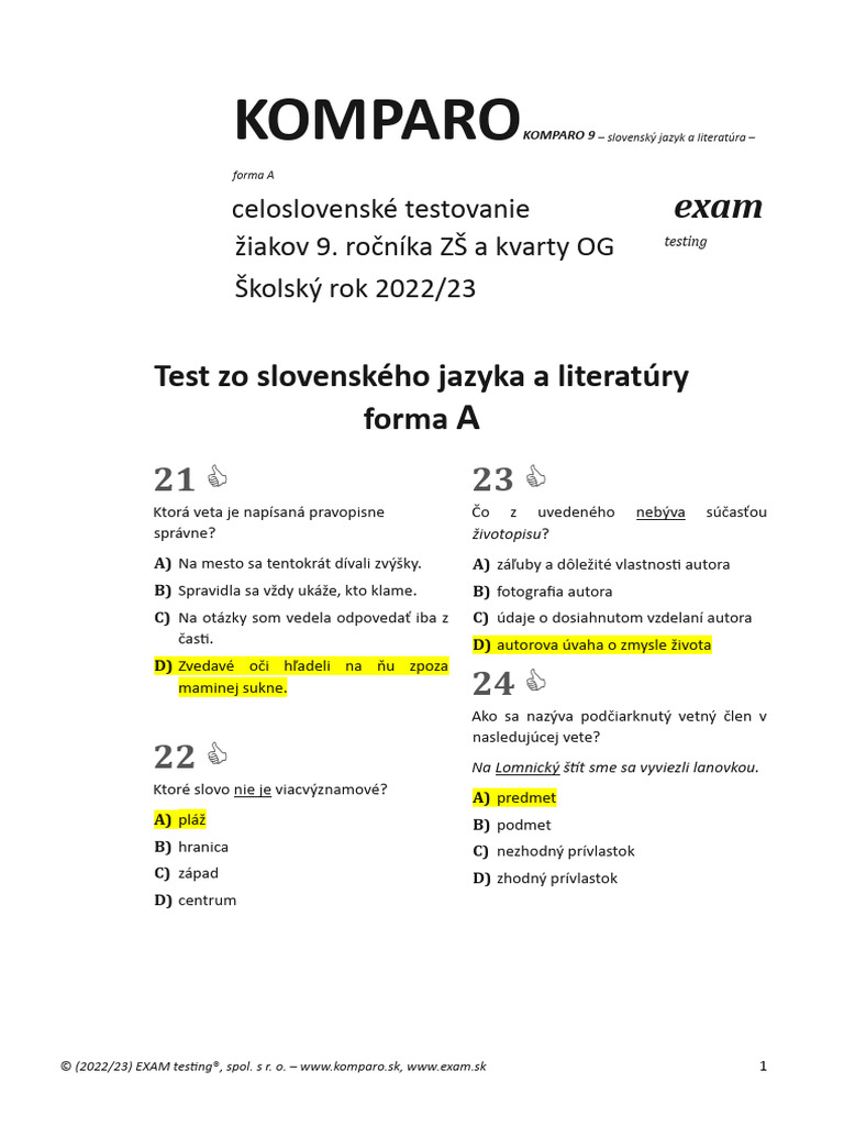 Komparo 9. - SJL - 2022 - 23 | PDF