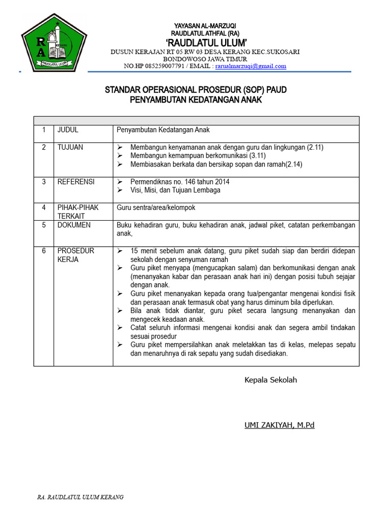 2 Sop Paud Penyambutan Kedatangan Anak | PDF