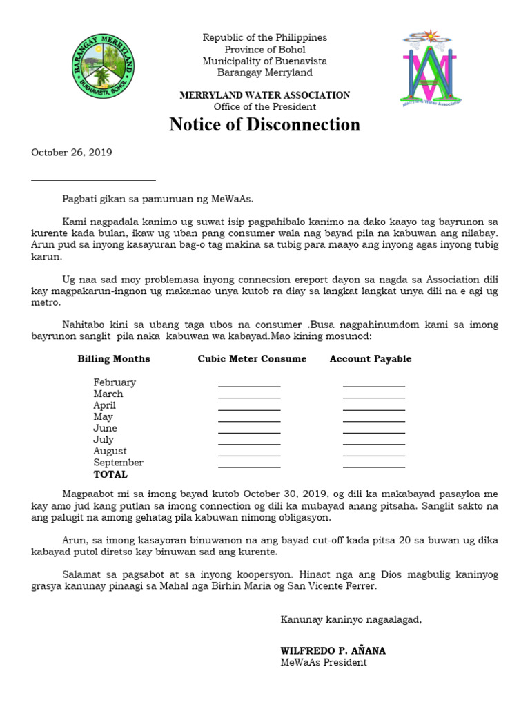 MWA Disconnection Letter. | PDF