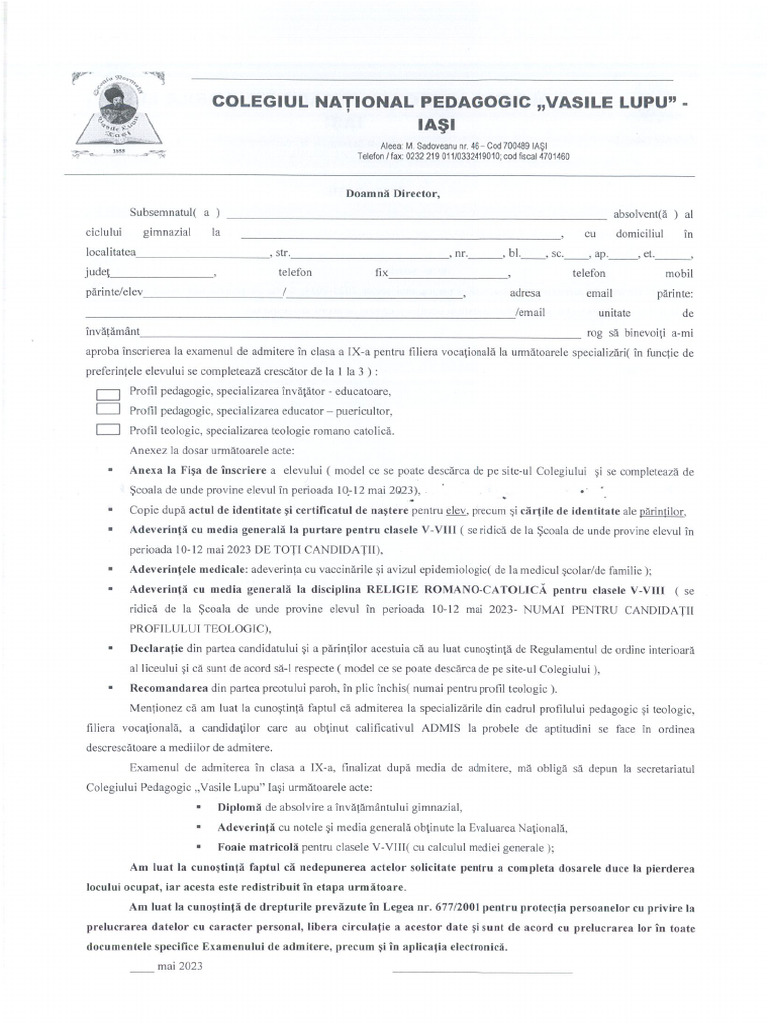 cerere-inscriere-admitere-cl-a-IX-a | PDF