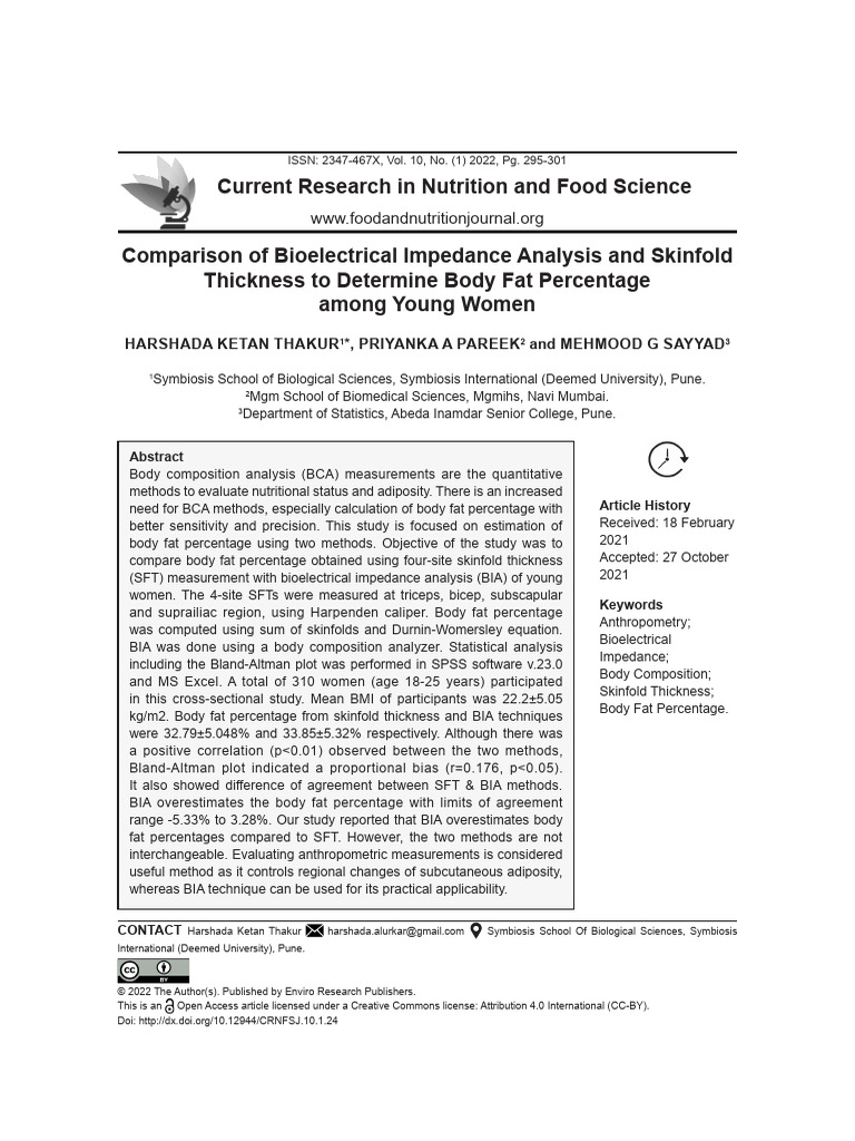 Comparison of Bioelectrical Impedance Analysis and Skinfold Thickness ...