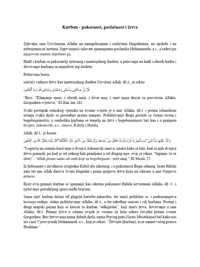 Kurban - Pokornost, Poslušnost I Žrtva-Hutba | PDF
