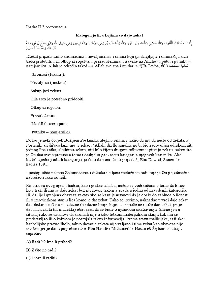 Ibadat II 3 - Kategorije Lica Kojima Se Daje Zekat | PDF