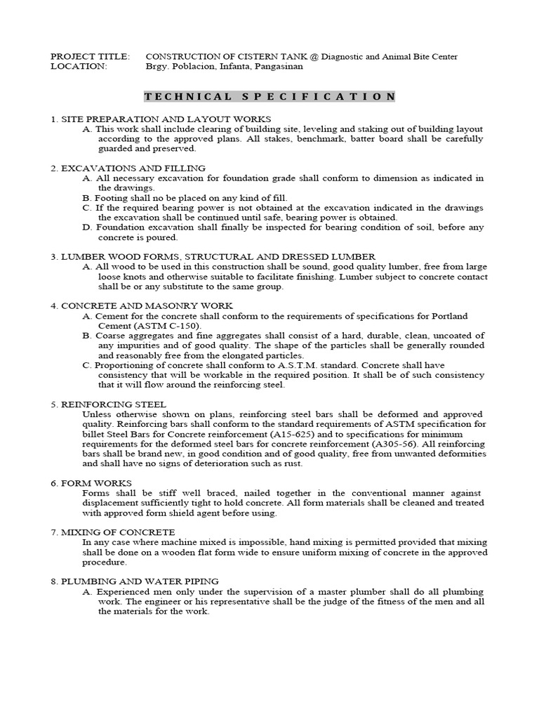 Cistern Tank Construction Specifications | PDF | Concrete | Plumbing
