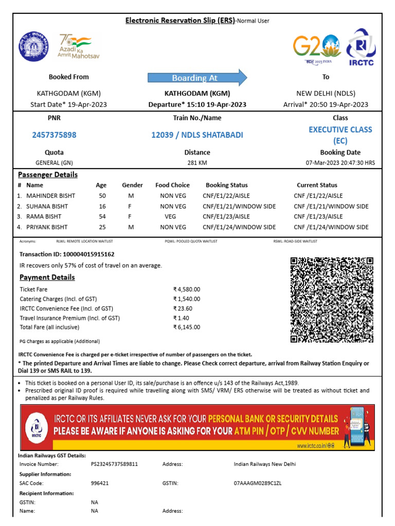 Ndls Shatabadi Executive Class (EC) : Electronic Reserva On Slip (ERS ...