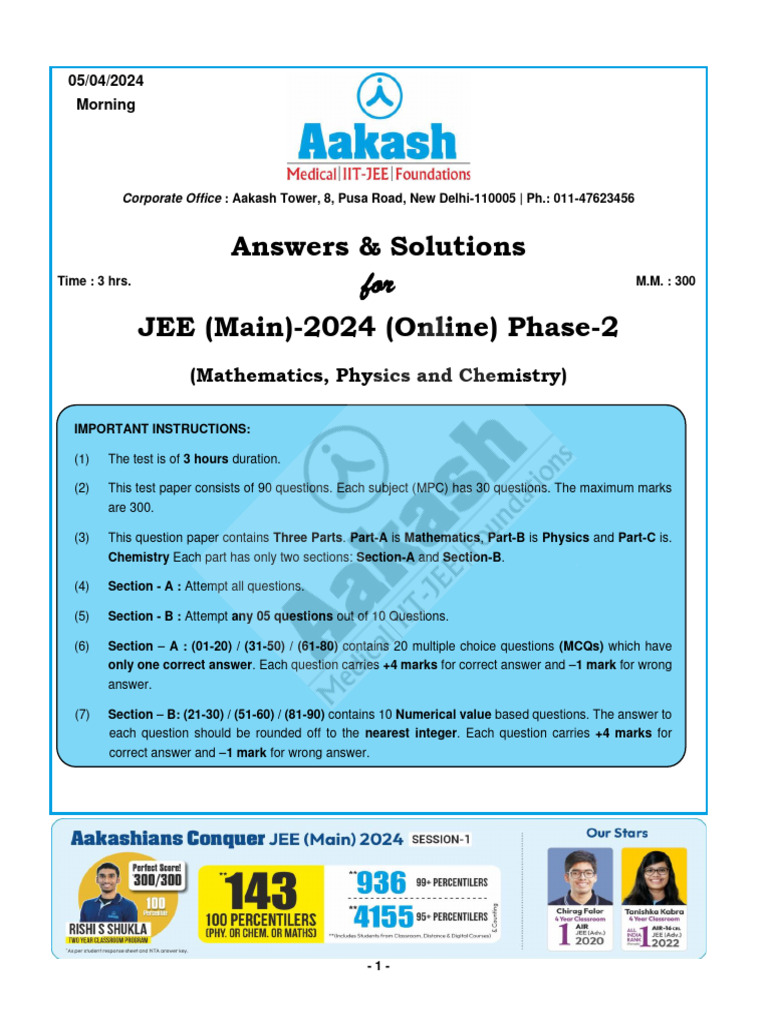 Ans & Sol_JEE(Main)-2024_Phase-2_(05-04-2024)_Morning (1) | Download Free PDF | Multiple Choice ...