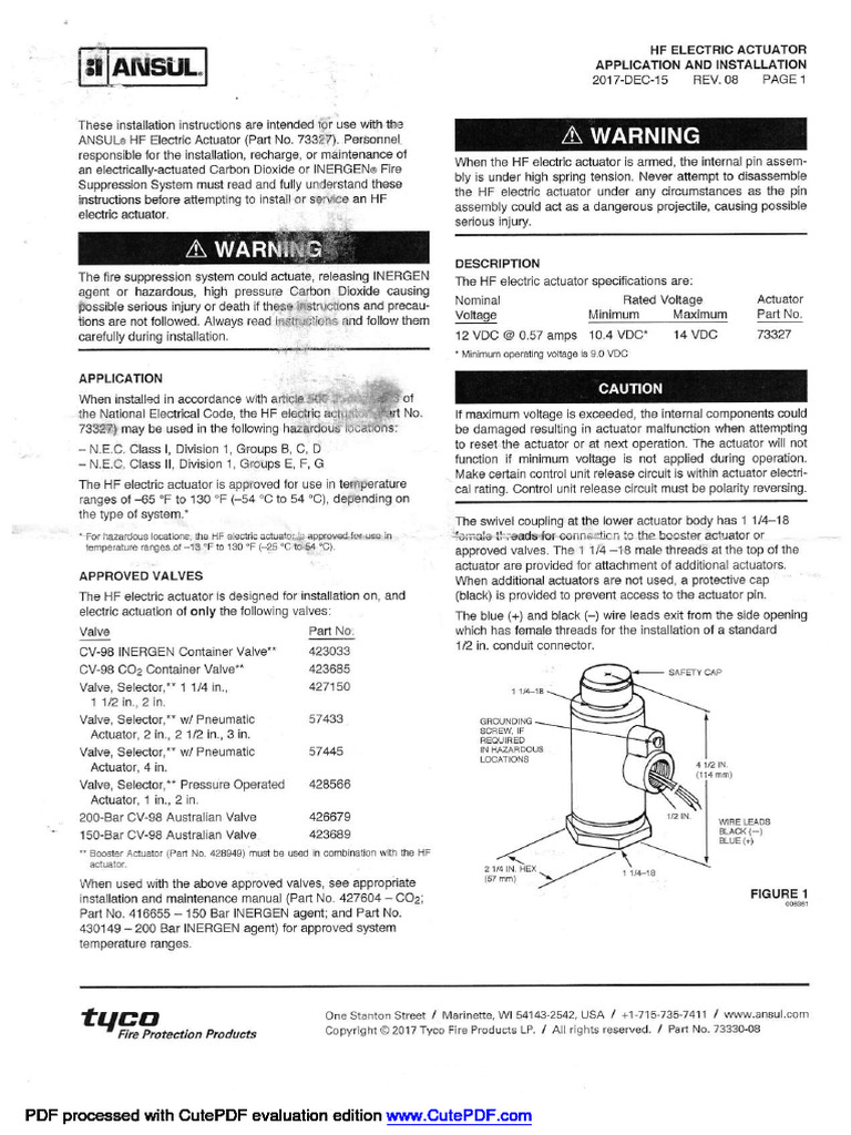 Ansul 73327 HF Electric Actuator Installation Instructions | PDF