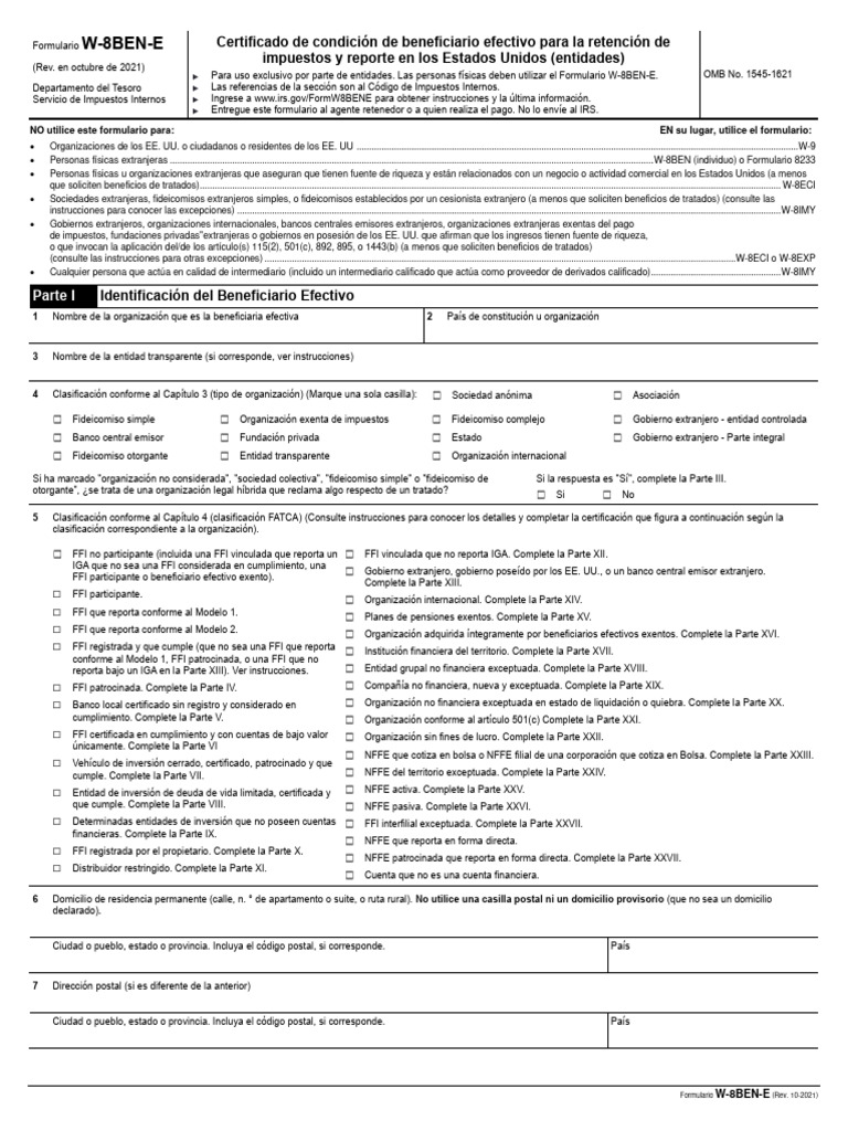 EY Form W 8BEN E SPANISH | PDF | Pensión | Bancos