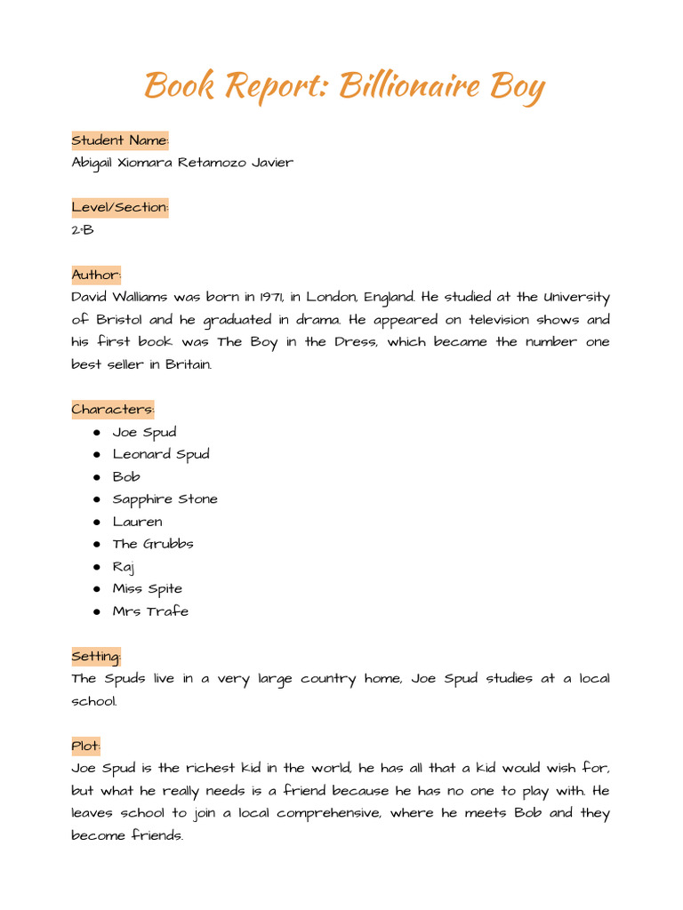 Book Report Billionaire Boy | PDF | General Fiction