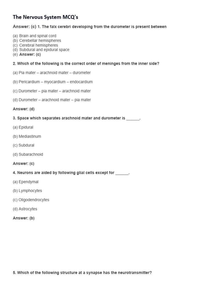 The Nervous System MCQ | PDF | Central Nervous System | Nervous System