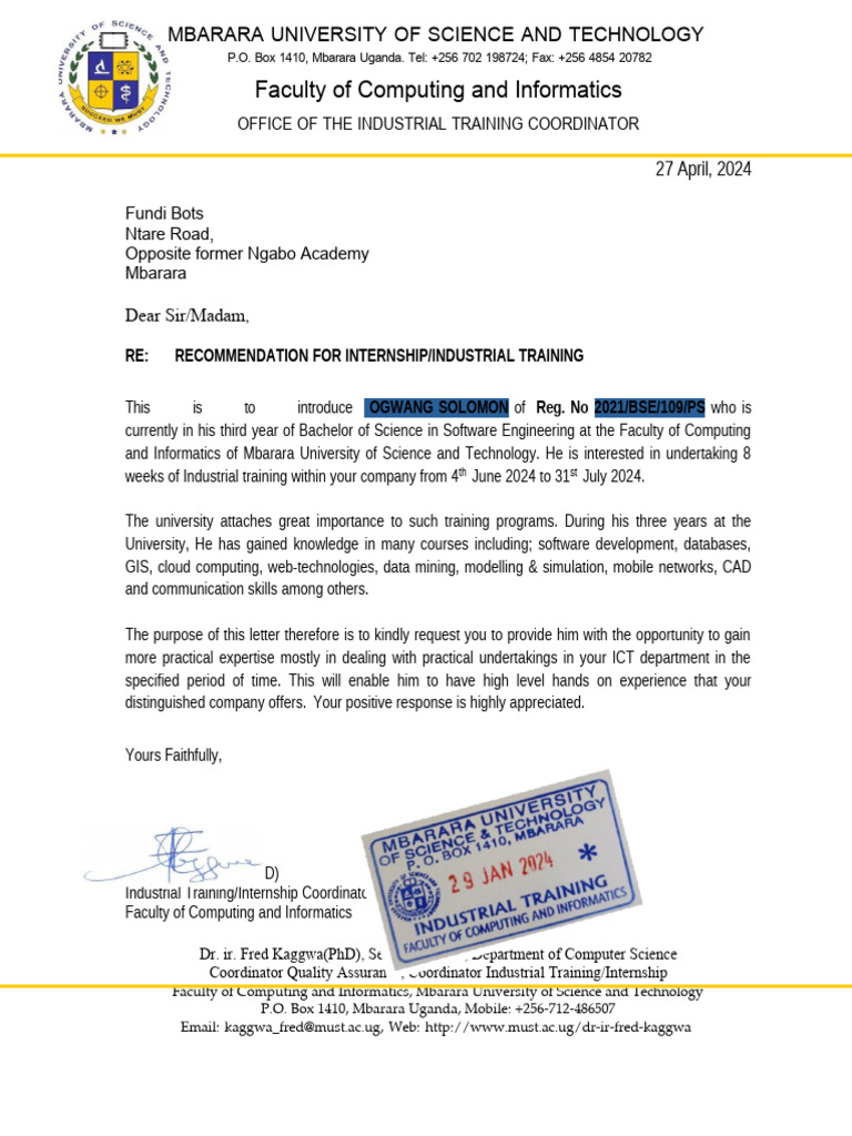 Internship Recommendation for Solomon Ogwang | PDF