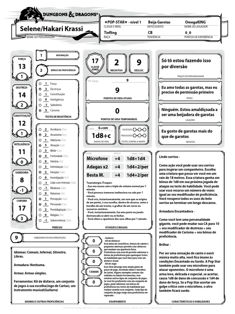 DD 5e - Ficha Selene e Hakari Krassi - POPSTAR LVL 1 | PDF