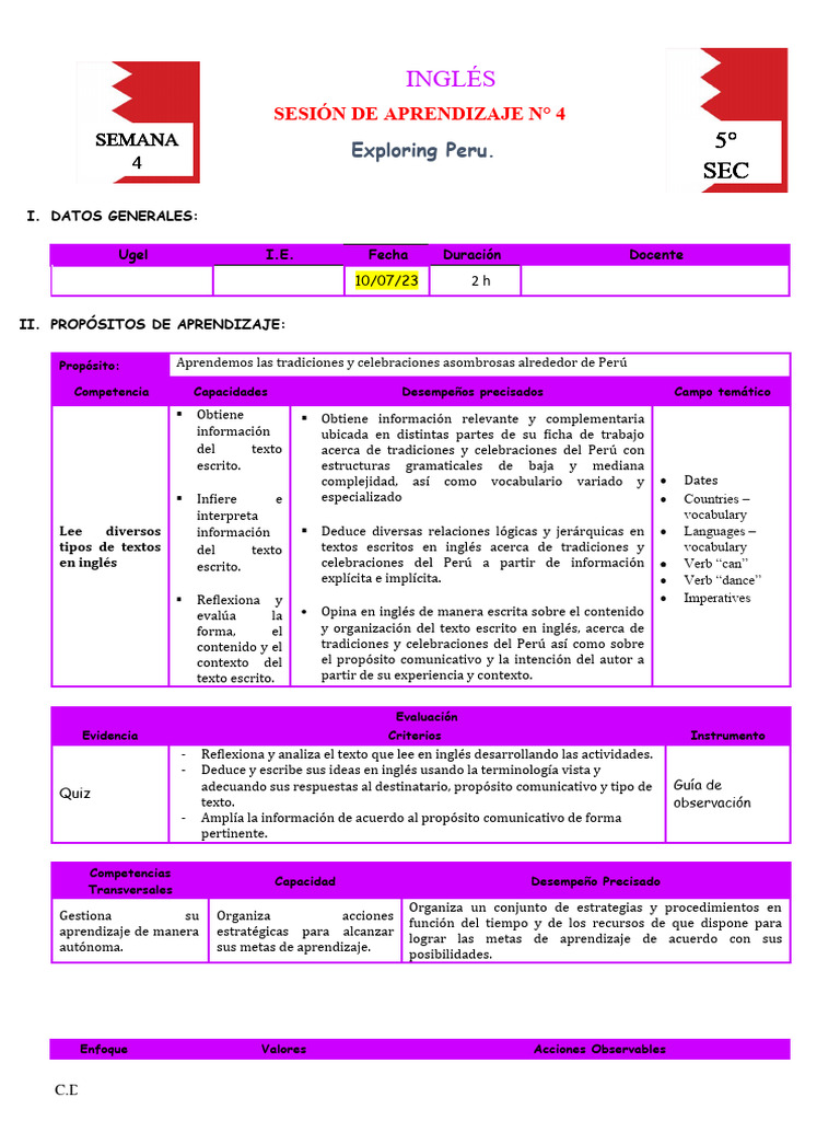 5° SESIÓN DE APRENDIZAJE SESIÓN 4-SEM.4-EXP.4-INGLES | PDF | Aprendizaje | Evaluación