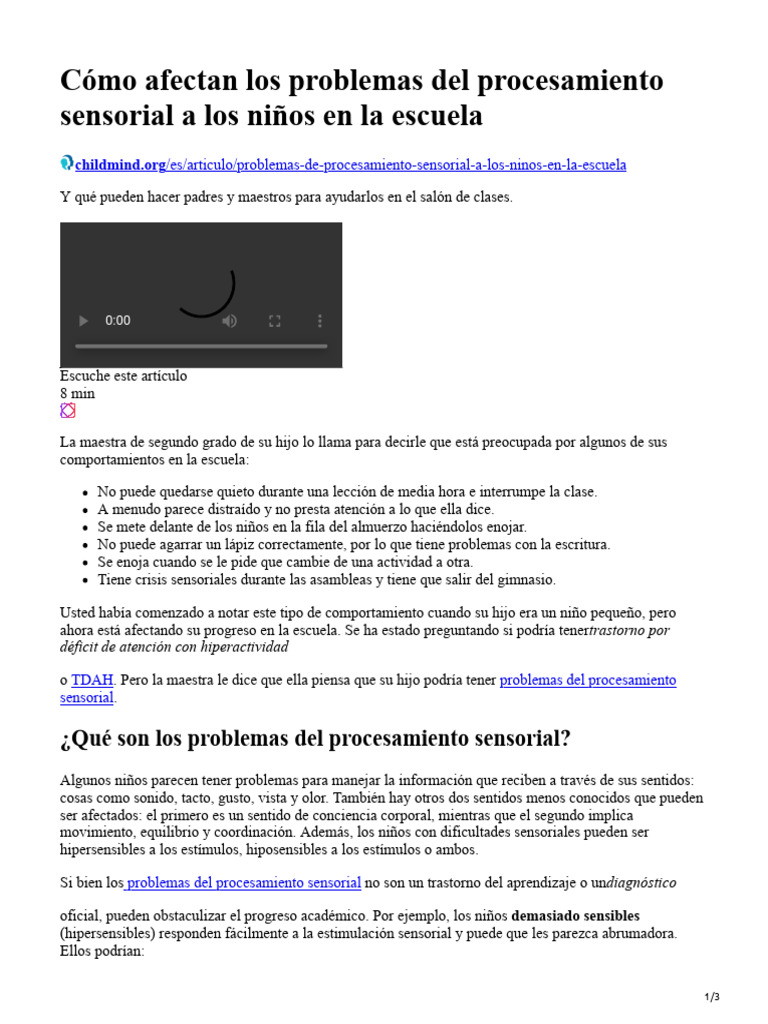 Cómo Afectan Los Problemas Del Procesamiento Sensorial A Los Niños en La Escuela | PDF ...