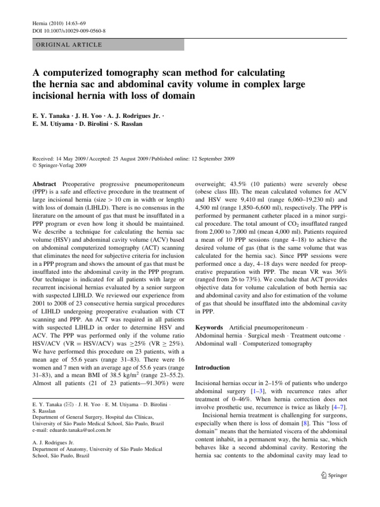 A Computerized Tomography Scan Method For Calculating The Hernia Sac and Abdominal Cavity Volume ...