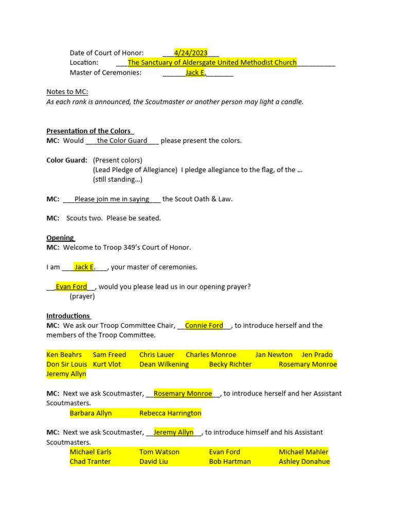 Court of Honor Script April 2023 | PDF | Youth Movements | Scouting