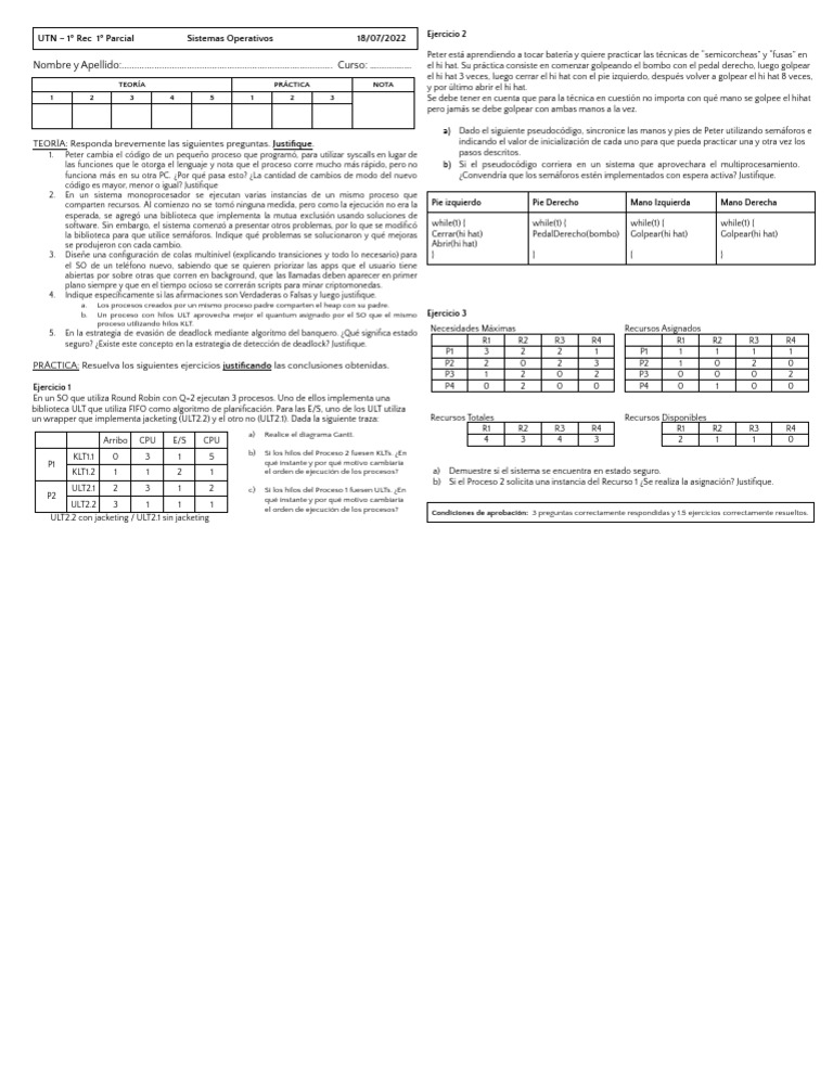 1° Recuperatorio 1° Parcial 1C2022 | PDF | Hilo (Computación) | Concurrencia (informática)