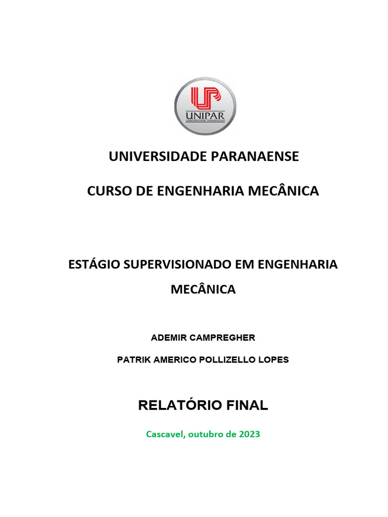 Relatório de Estagio Editando | PDF | Engenharia Mecânica | Engenharia