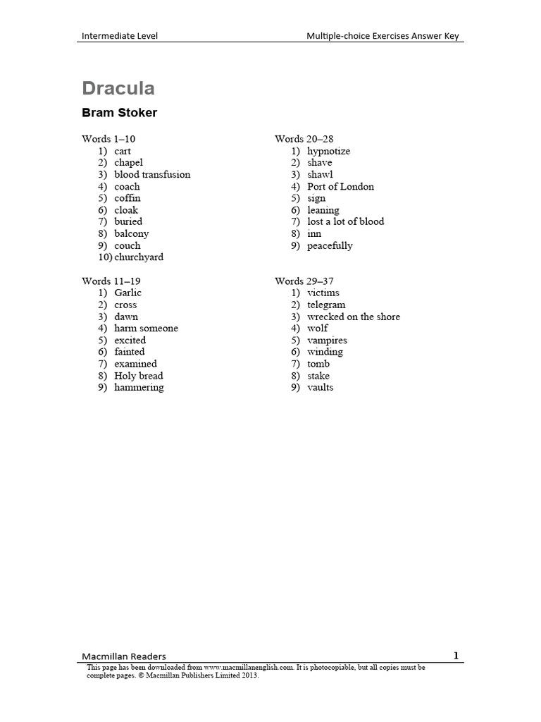 Dracula Intermediate Exercises Answer Key | PDF