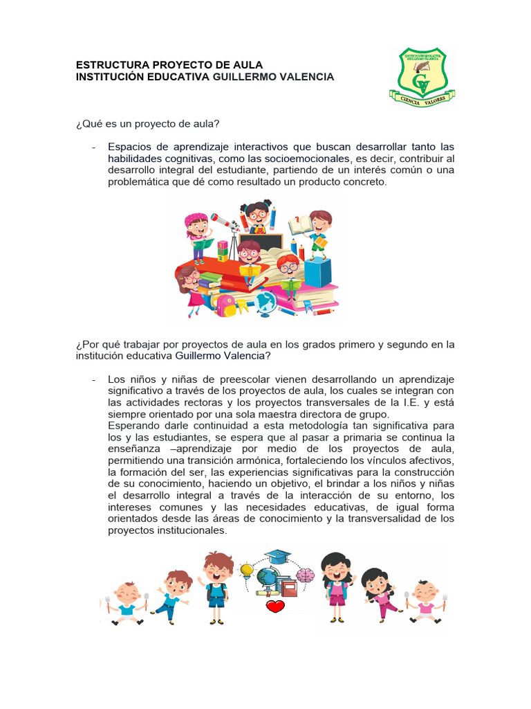 Estructura Proyecto de Aula - Guillermo Valencia - 2024 | PDF | Salón ...
