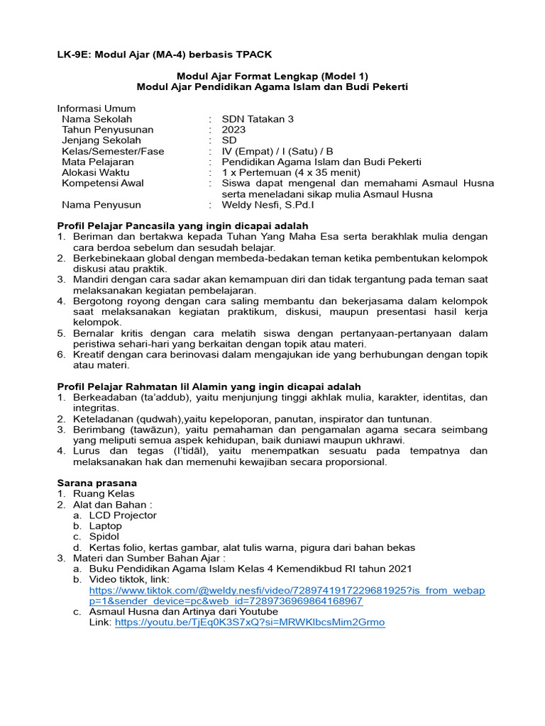 Modul TPACK Asmaul Husna SD | PDF