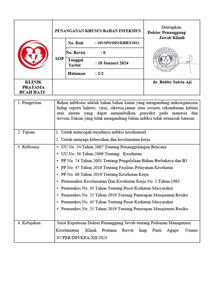 Sop Penanganan Khusus Bahan Infeksius - KBH | PDF | Pengembangan Diri | Sains & Matematika
