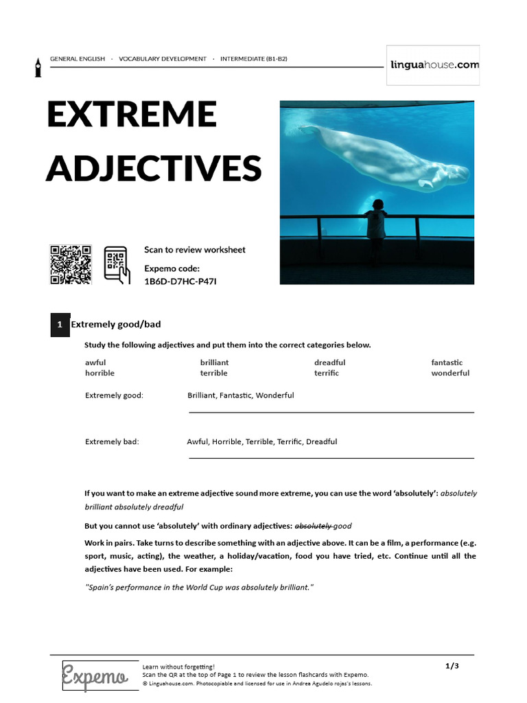 Extreme Adjectives for ESL Learners | PDF | Linguistics | Linguistic ...
