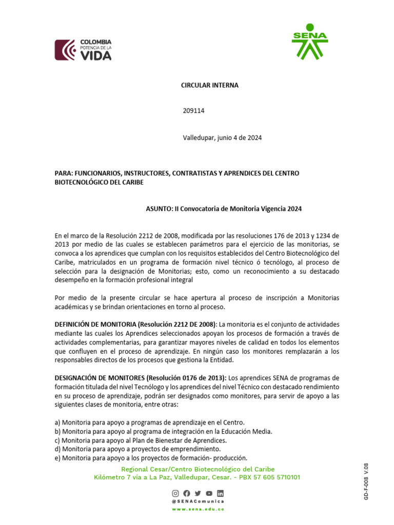 Circular II Convocatoria Monitoria 2024 Firmada | PDF | Iniciativa empresarial