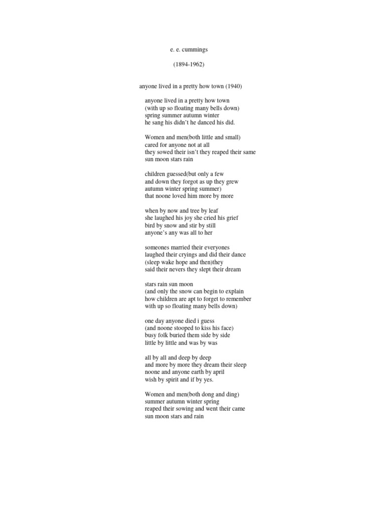 POEMS Cummings, Ee Anyone Lived in A Pretty How Town (1940) Analysis ...