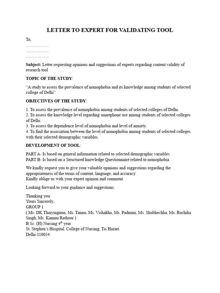 Letter to Expert for Validating Tool | PDF