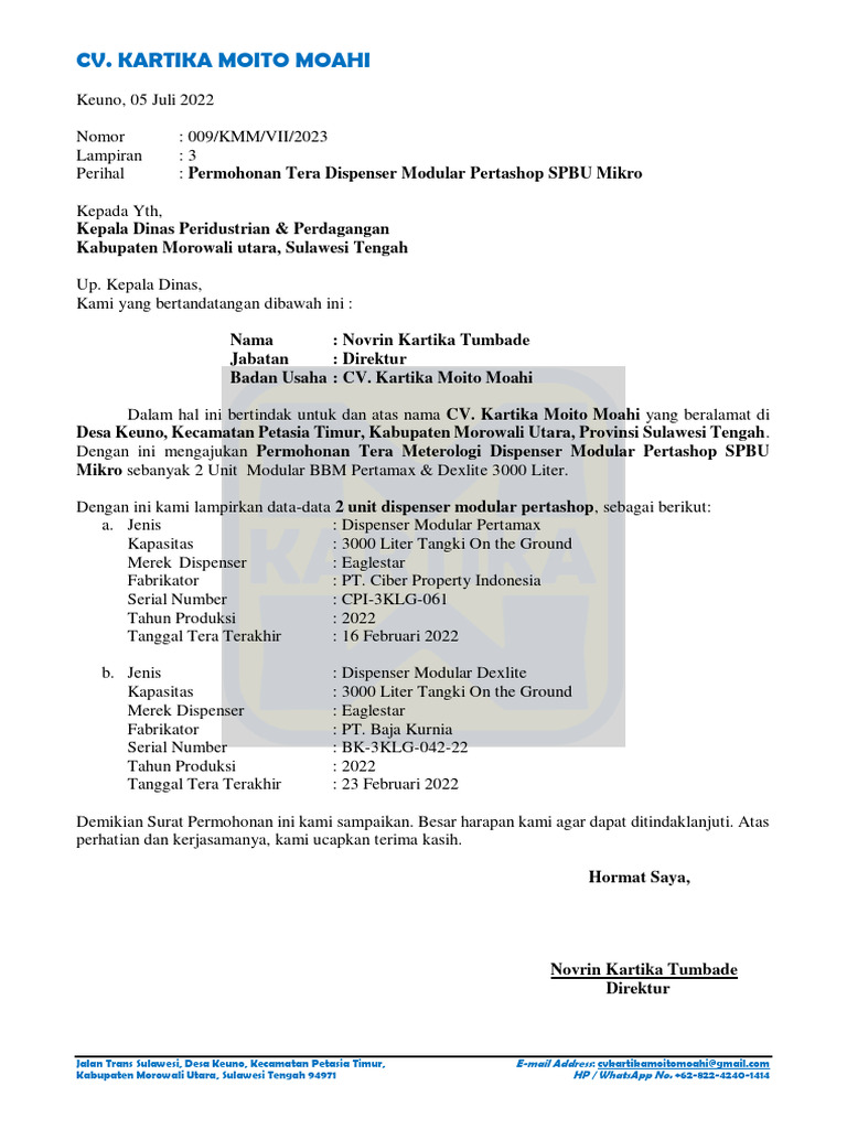 Surat Permohonan Tera Dispenser Modulular SPBU Mikro (Pertashop) | PDF