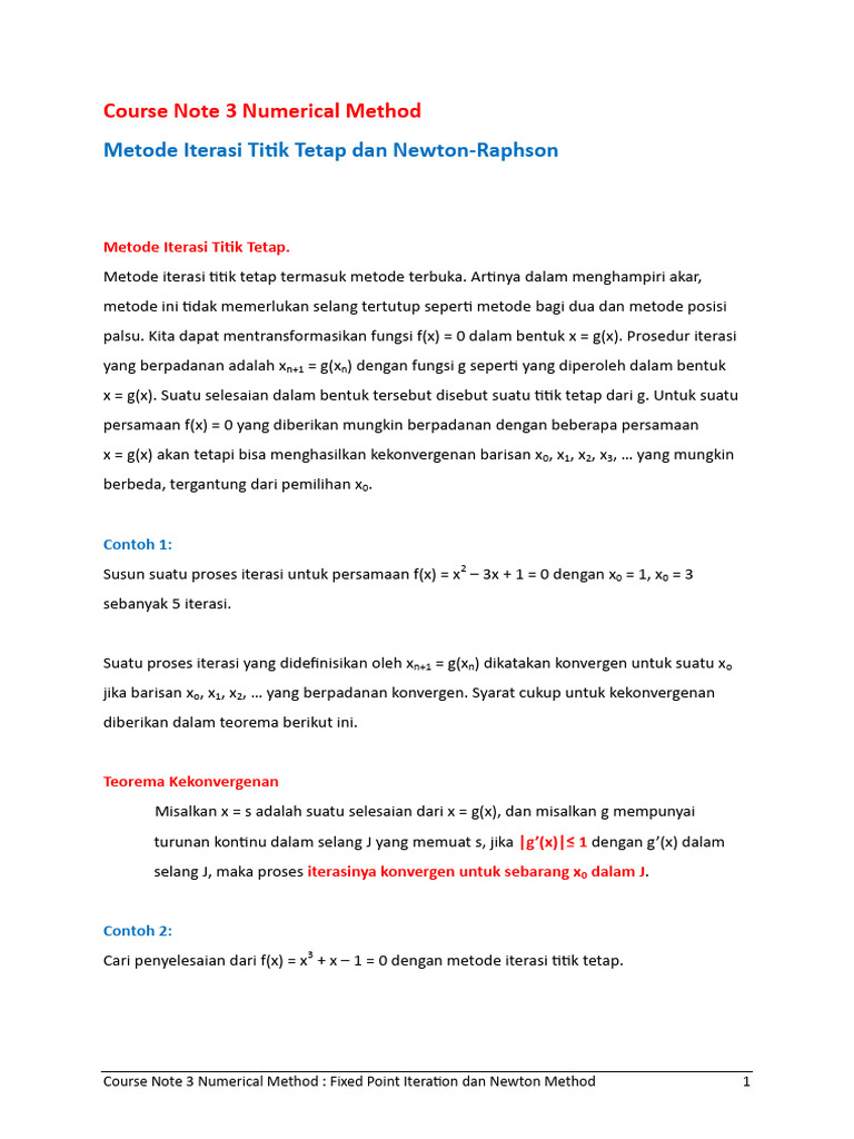 Course Note Metode Iterasi Titik Tetap Dan Newton Raphson Pdf