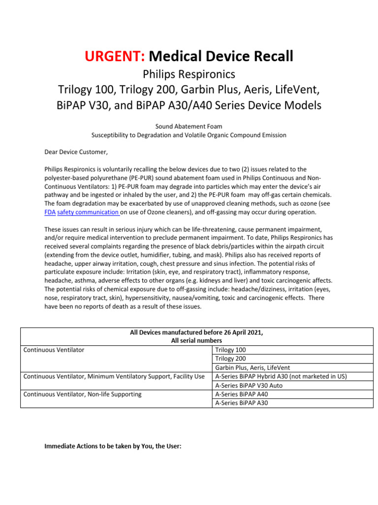 Philips Recall Letter 2021 05 A 2021 06 A | PDF | Ozone | Clinical Medicine