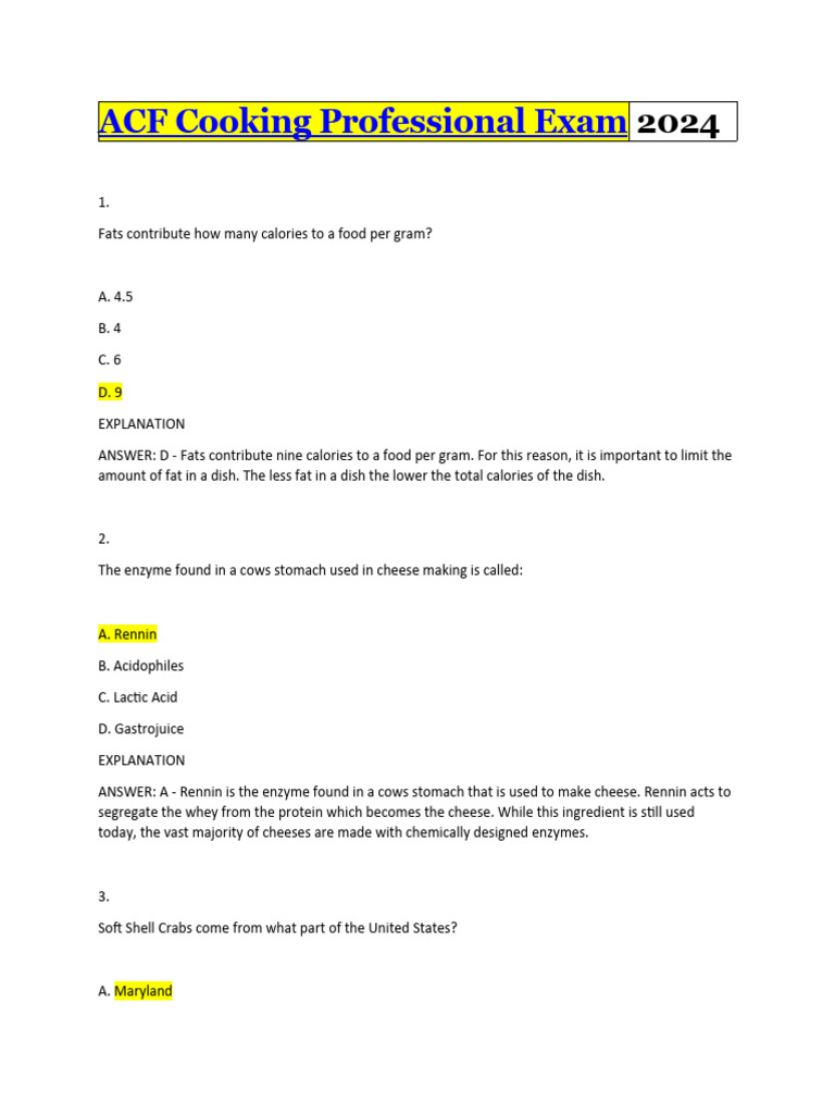 ACF Cooking Exam Practice Questions | PDF | Louisiana Creole Cuisine ...