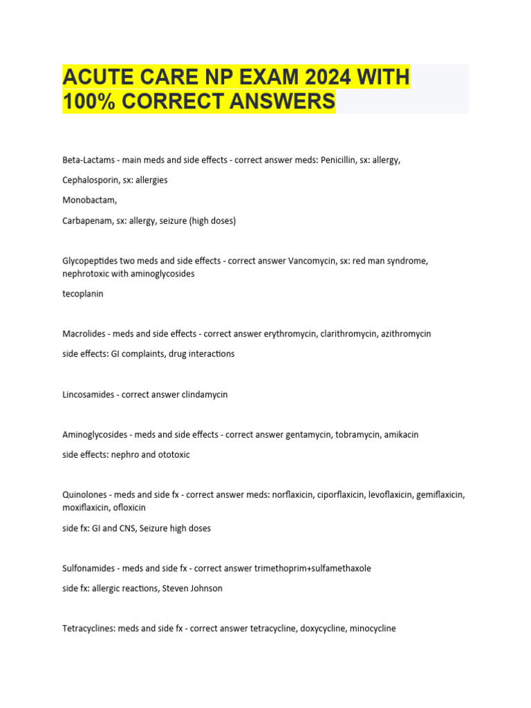 Acute Care NP Exam 2024 With 100 | PDF | Antibiotics | Medical Specialties