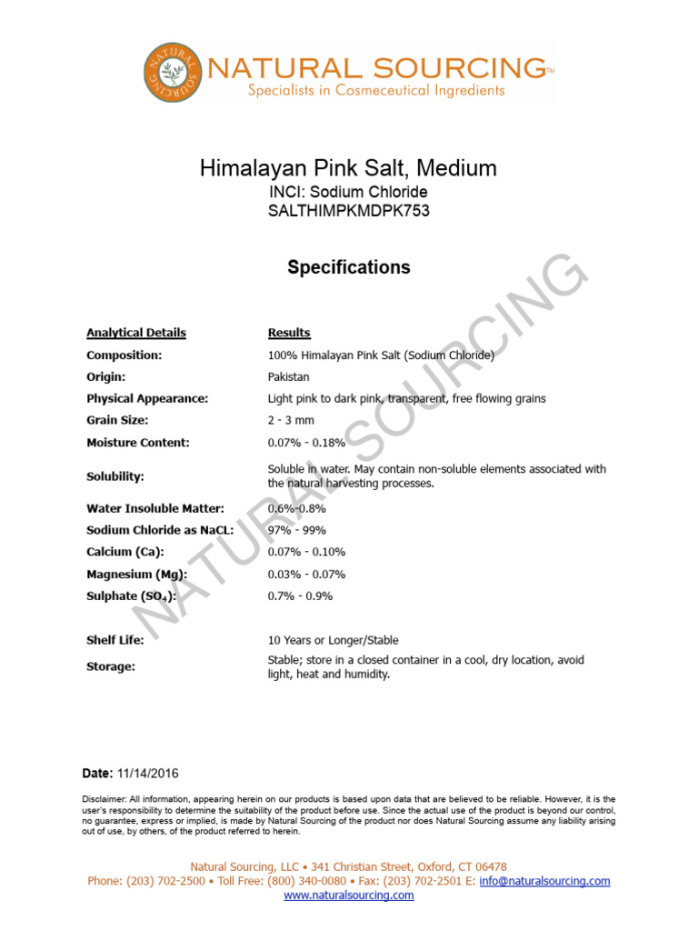 Himalayan Pink Salt Specifications | PDF | Sodium Chloride | Chloride
