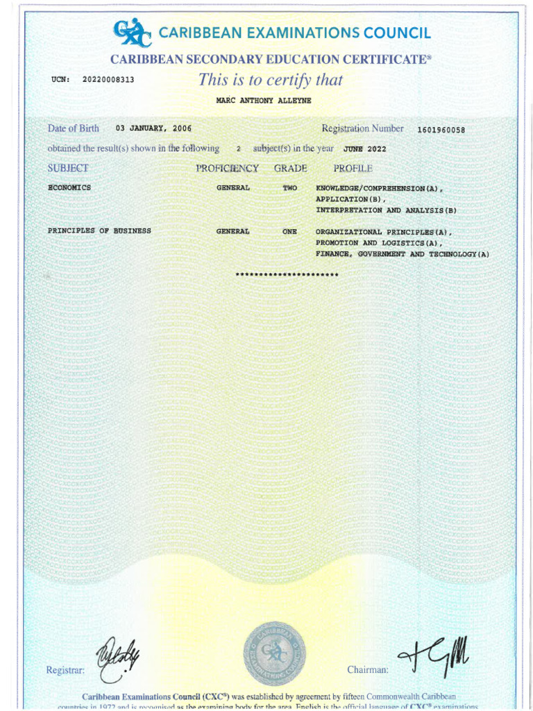 Marc Alleyne CXC Cert. POB | PDF