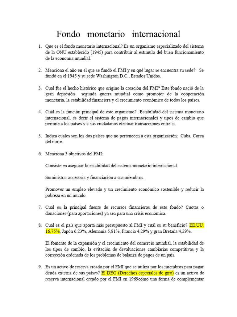 Cuestionario FMI | PDF | Fondo Monetario Internacional | Economias