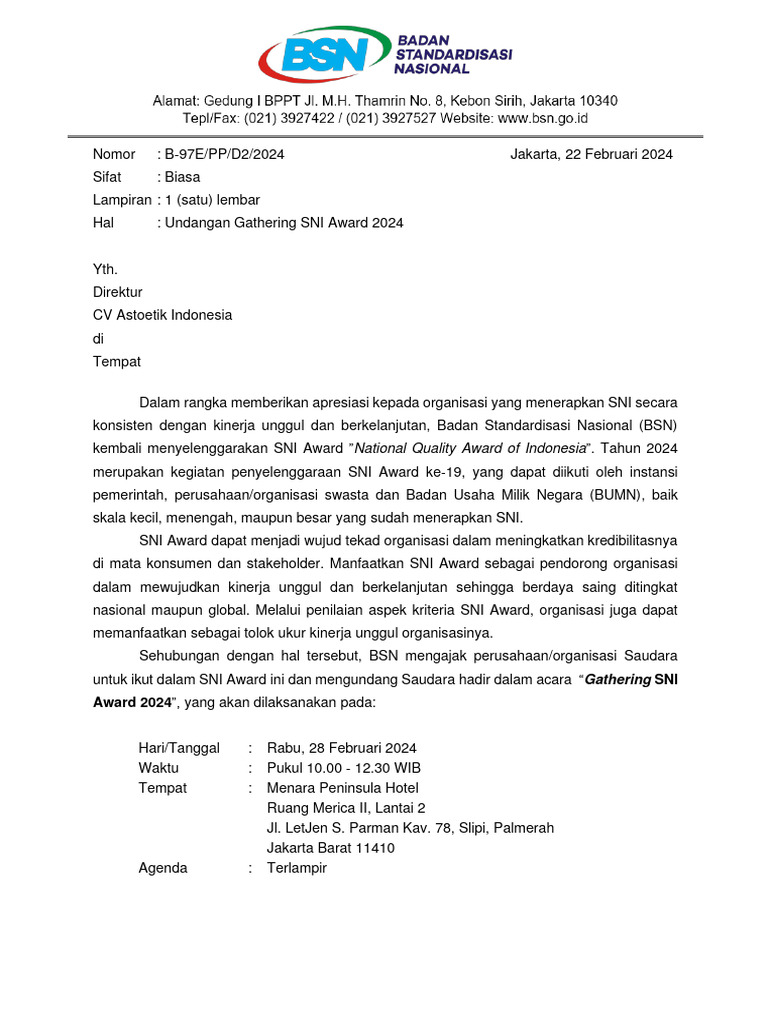 Surat Undangan Gathering SNI Award 2024-1 | PDF