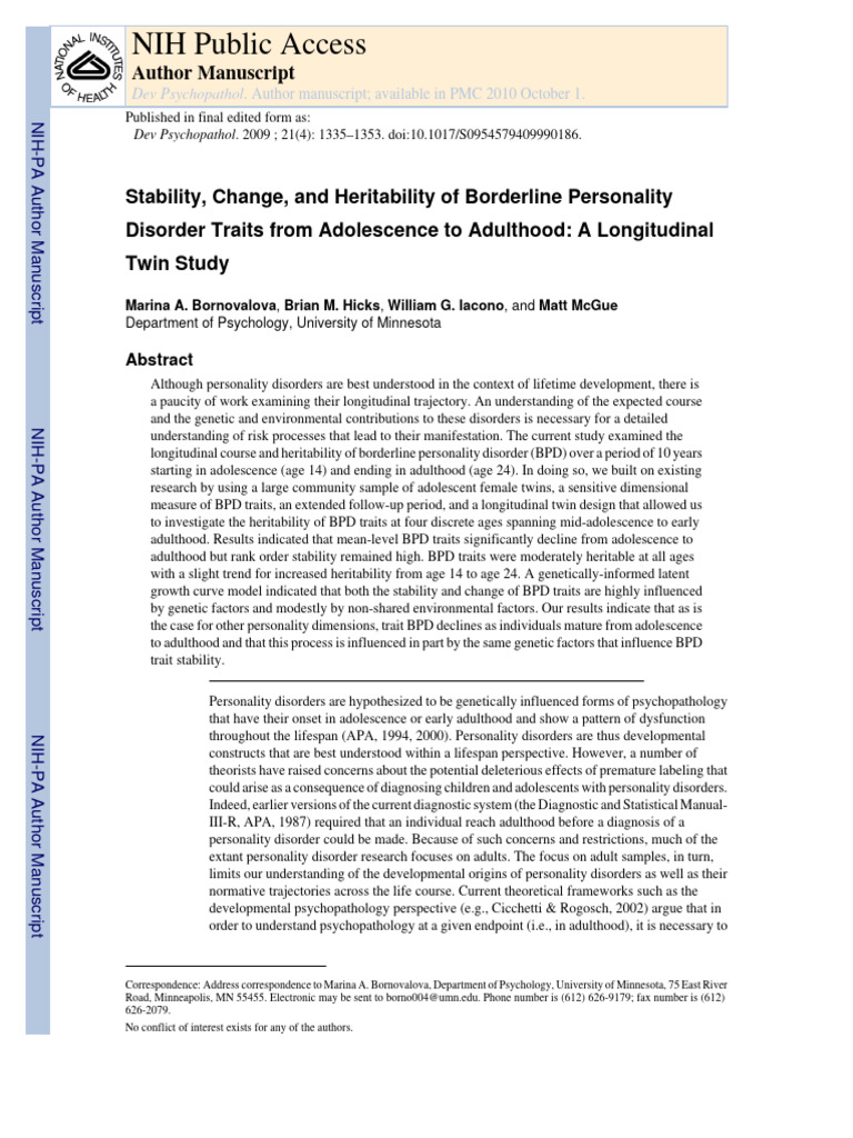 Bornovalova - 2009 - Stability Change and Heritability of BPD From ...