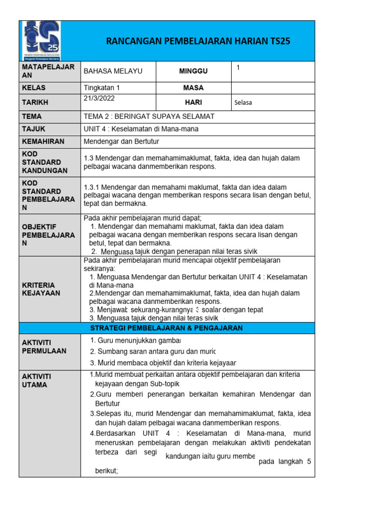 RPH TINGKATAN 1-UNIT 4 - Keselamatan Di Mana-Mana | PDF
