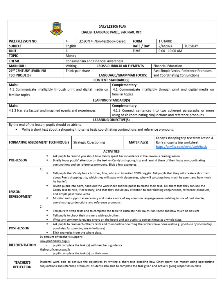 Lesson Plan Week 4 ERPH 4 | PDF | English Language | Lesson Plan