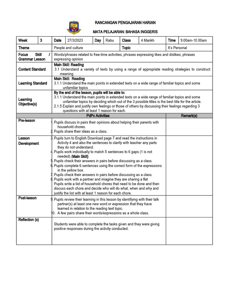 Lesson Plan Week 3 ERPH | PDF | Teachers | Educational Assessment