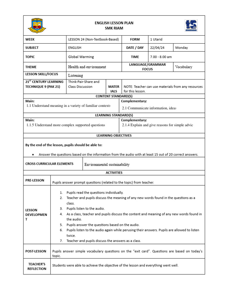 Lesson Plan Week 7 | Download Free PDF | Lesson Plan | Vocabulary