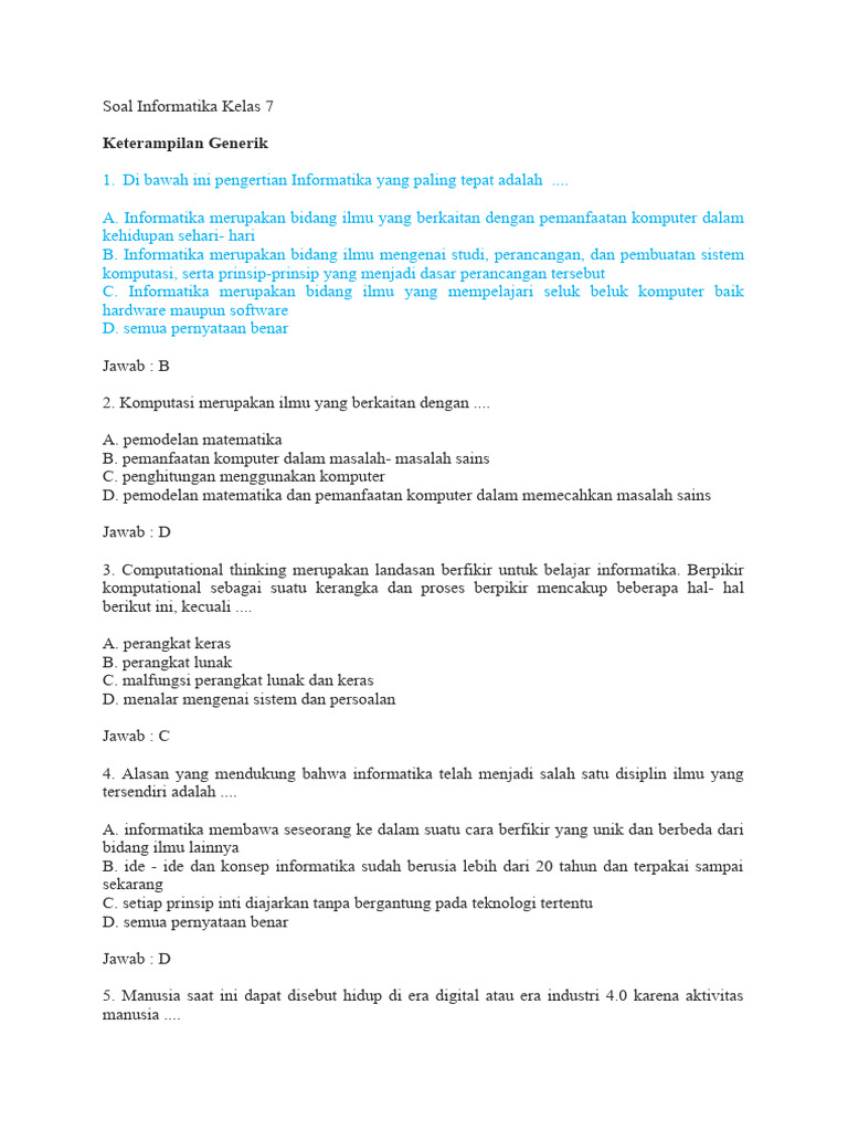 Soal Informatika Kelas 7_Informatika dan Keterampilan Generik | PDF