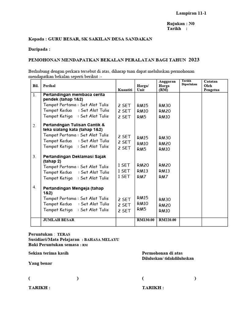 Contoh Nota Permohonan Bekalan Peralatan | PDF