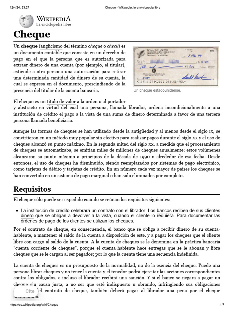 Cheque - Wikipedia, La Enciclopedia Libre | PDF | Cheque | Pagos