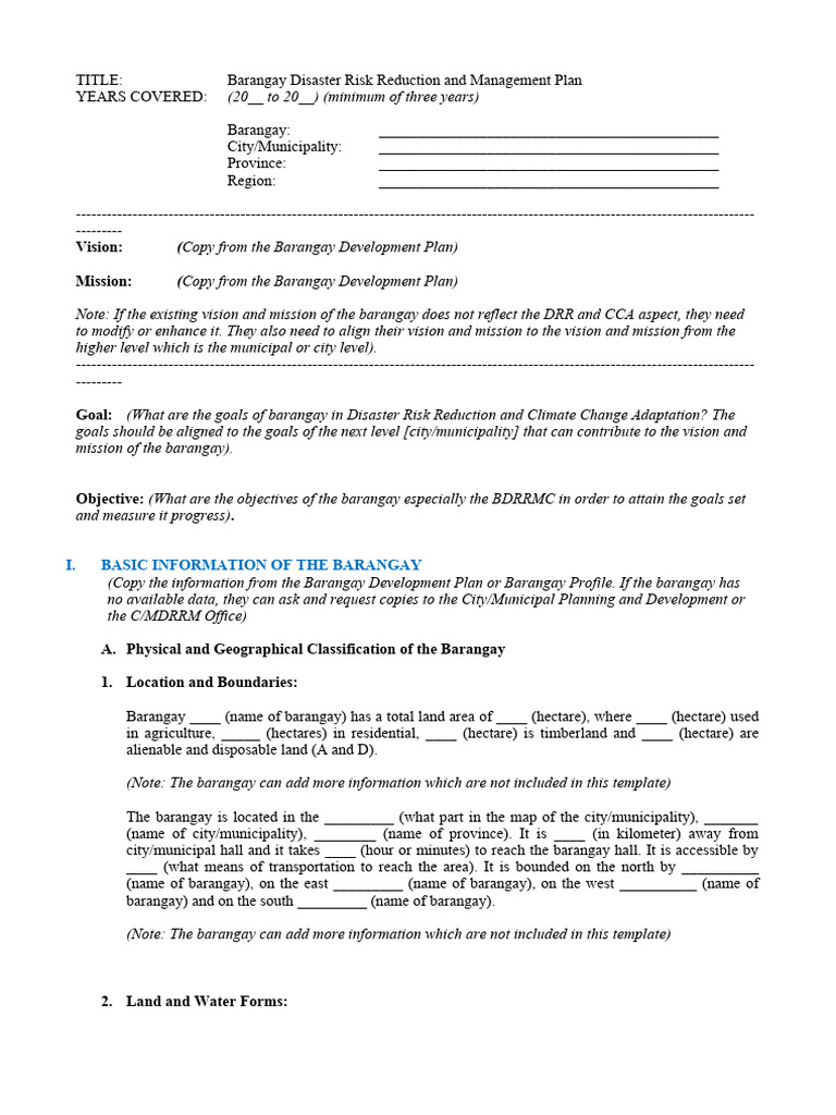 BDRRM Plan Template English | PDF | Disaster Risk Reduction | Emergency ...