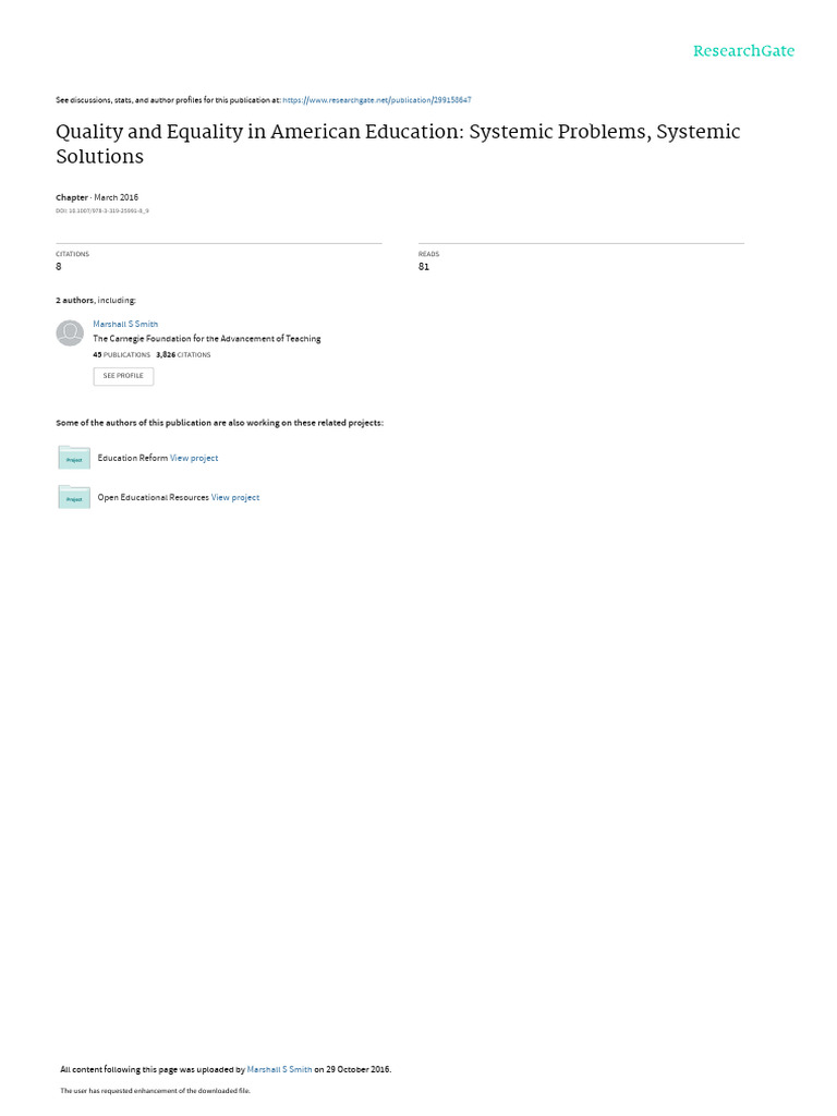 Quality and Equality in American Education: Systemic Problems, Systemic Solutions O'Day Smith ...