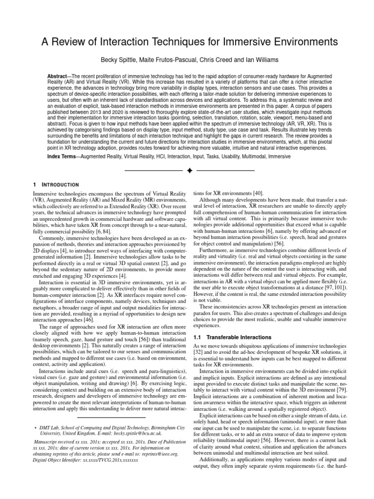 Immersive Interaction Techniques Review | PDF | Augmented Reality | Human–Computer Interaction